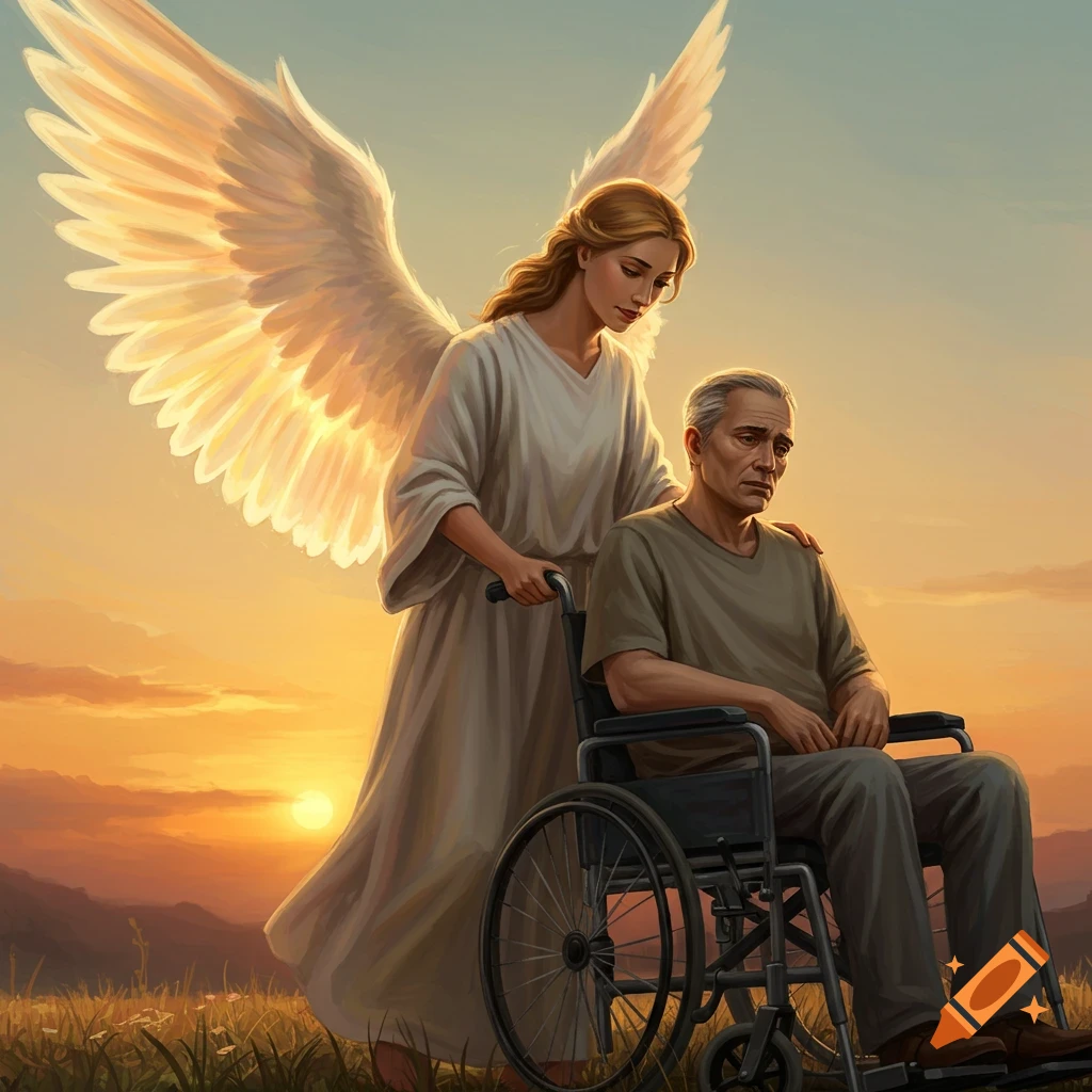 An angel stands behind a man in a wheelchair, pushing him through a ...