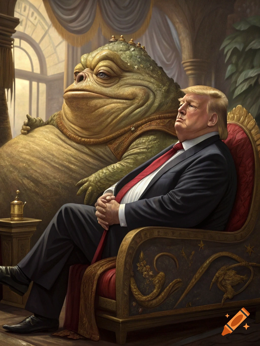 Donald Trump sits beside a large creature resembling Jabba the Hutt in ...