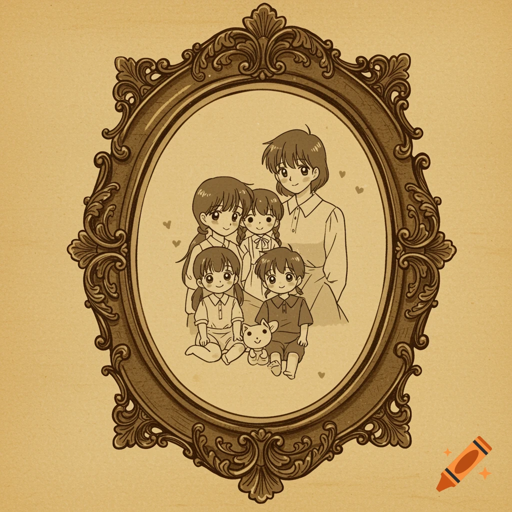 Sepia-toned anime portrait of a family in an ornate vintage frame on ...