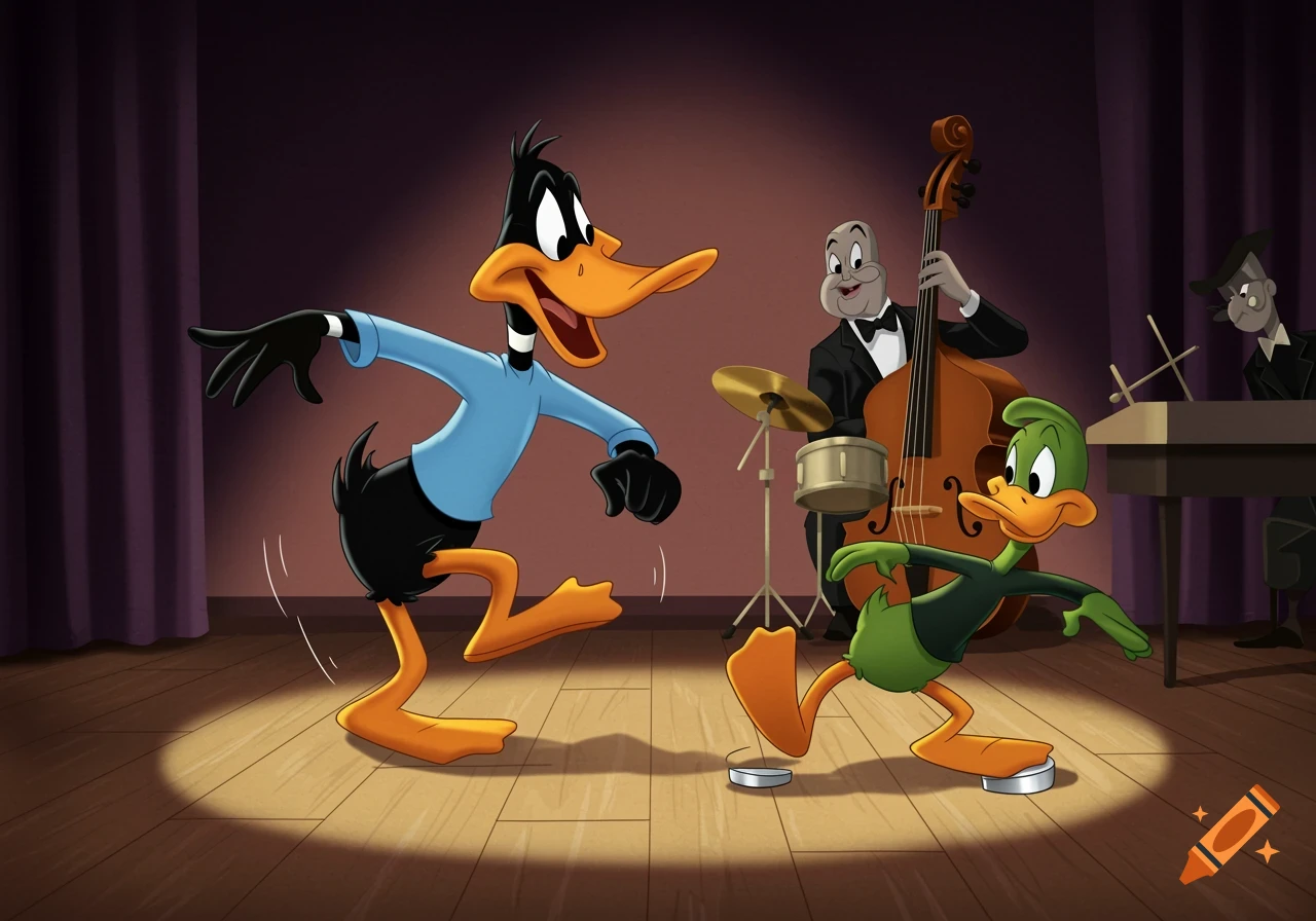 Daffy Duck and Plucky Duck tap dancing on a stage with cartoon ...
