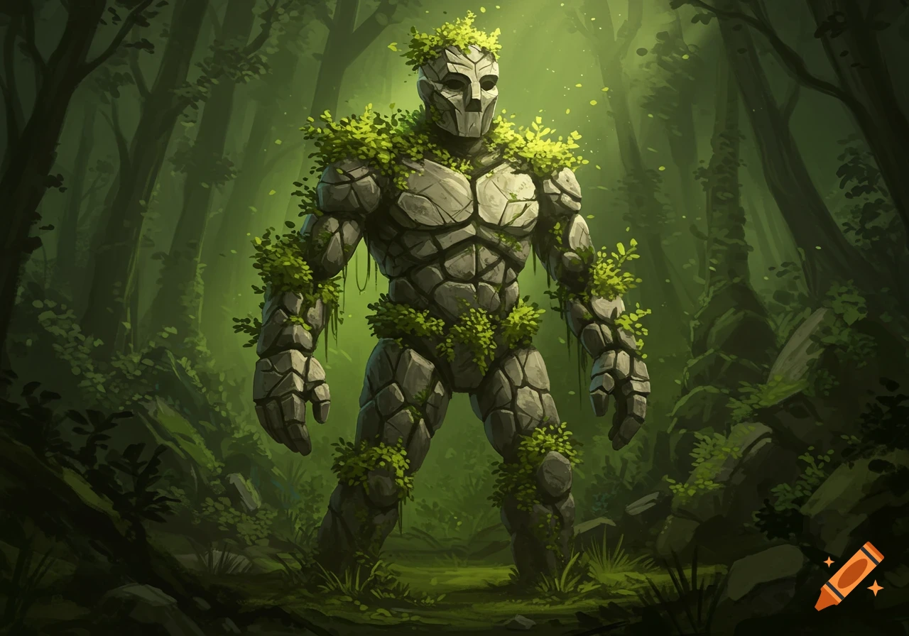 Stone golem covered in leaves in a forest, illustration style. on Craiyon