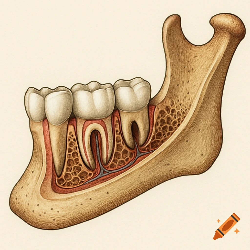 Cutaway illustration of a human mandible showing teeth, roots, bone ...