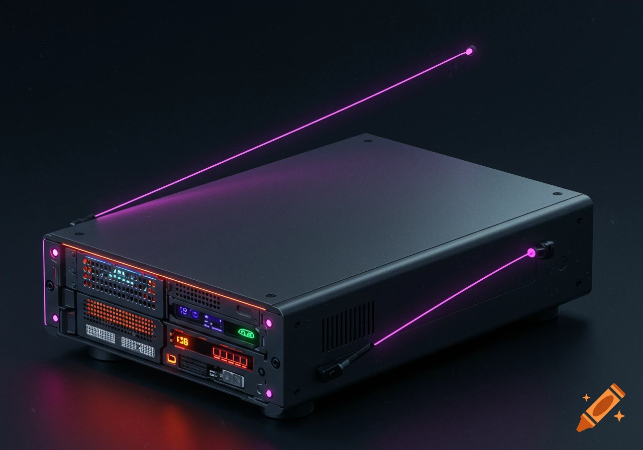 A dark computer server or hardware unit with glowing purple lines and ...