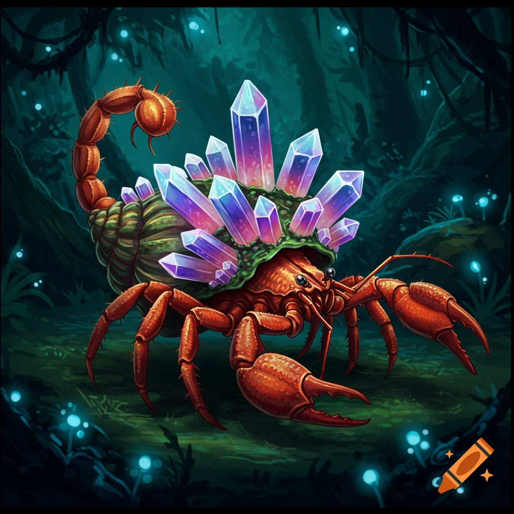 Scorpion hermit crab hybrid creature with crystals on its back in a ...