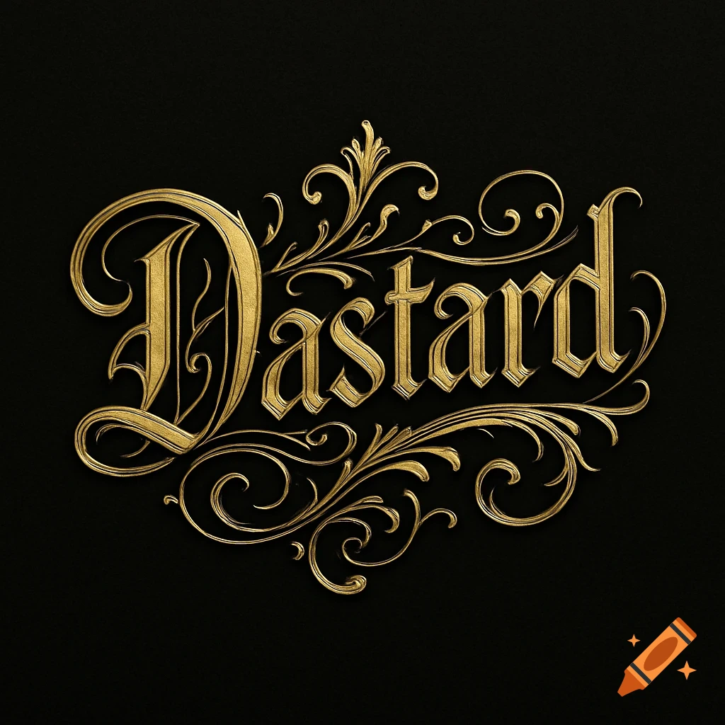 Golden calligraphy of the word Dastard with decorative flourishes on a ...