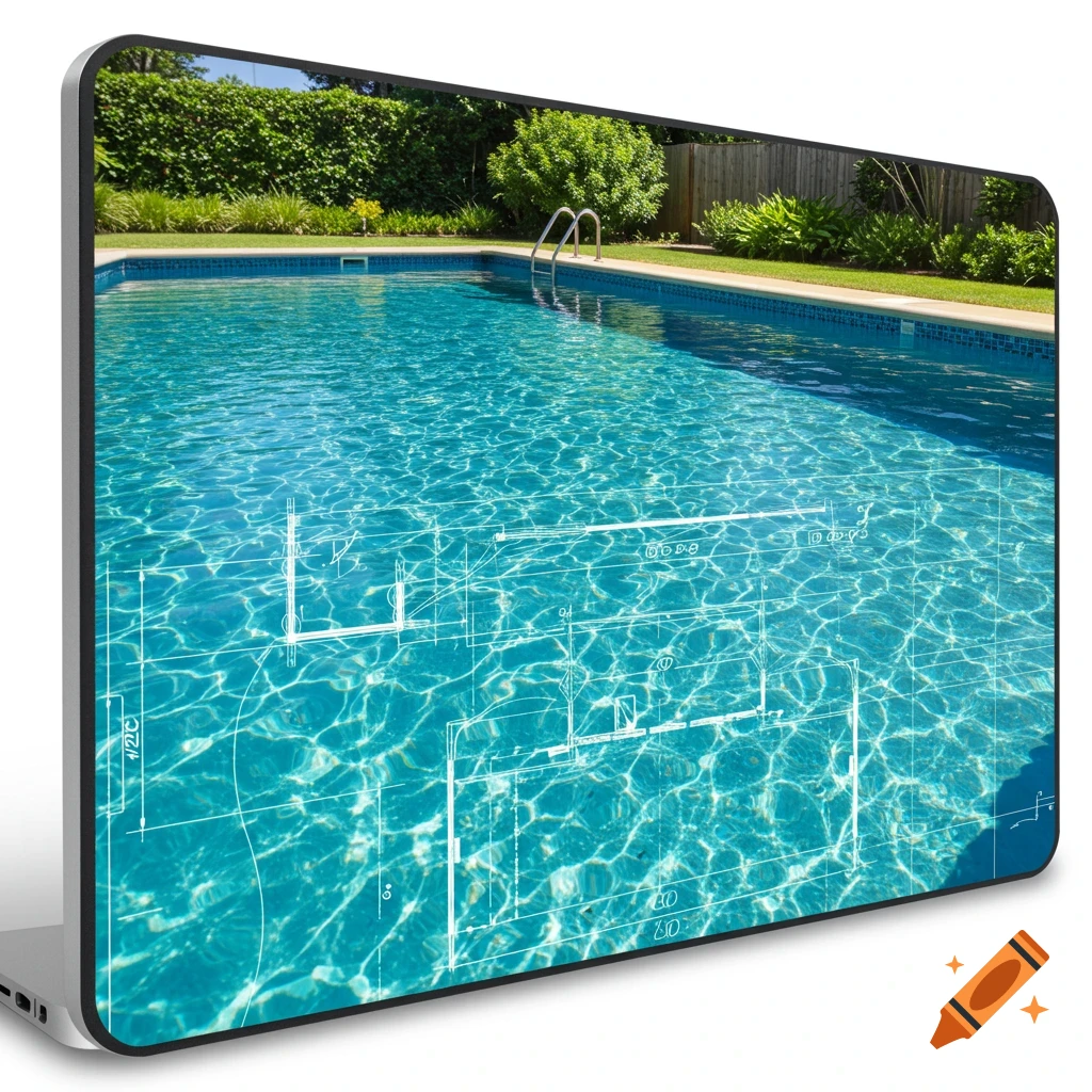 Swimming pool photo on a laptop screen with a technical drawing ...