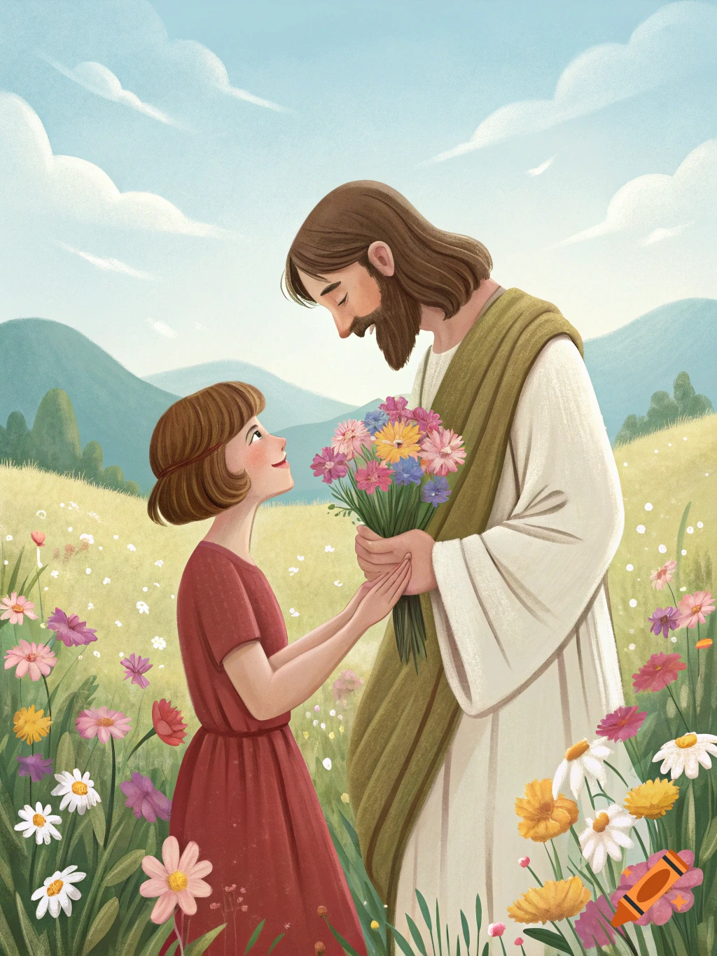 A girl gives Jesus a bouquet of flowers in a field. Illustration. on ...