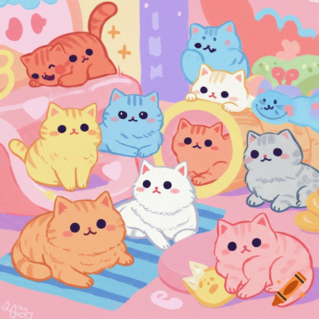 An illustration of multiple colorful cartoon cats playing in a ...