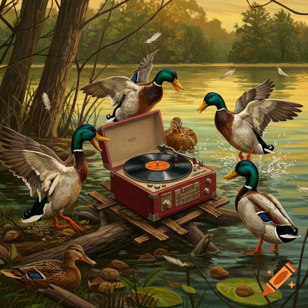 Ducks gather around a record player on a platform in a lake ...