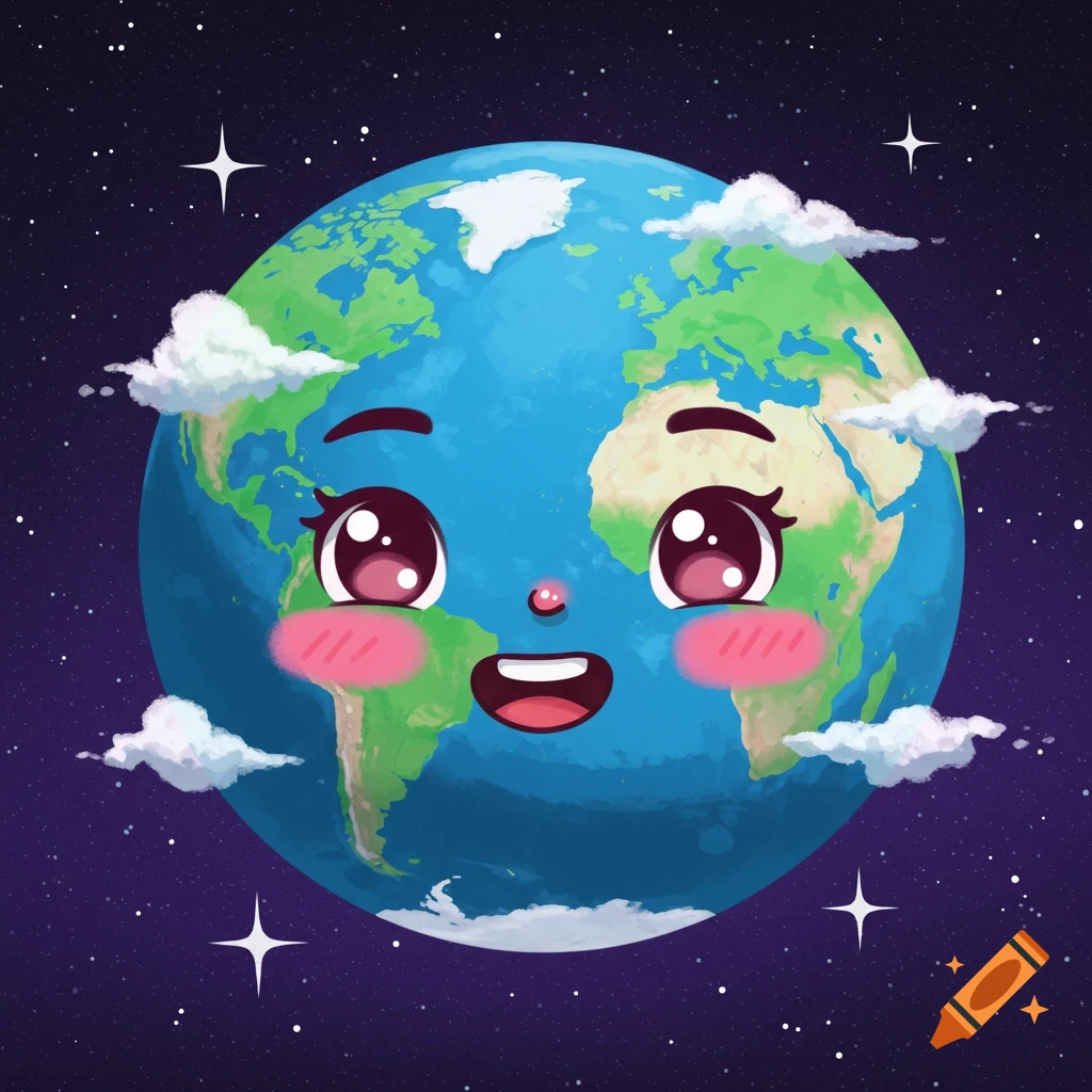 Cute cartoon Earth with a face floats in space with stars and clouds ...