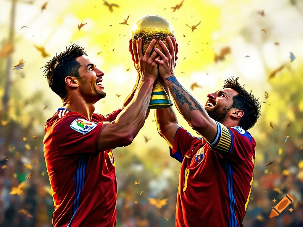 Ronaldo and Messi celebrating and lifting the World Cup trophy together ...