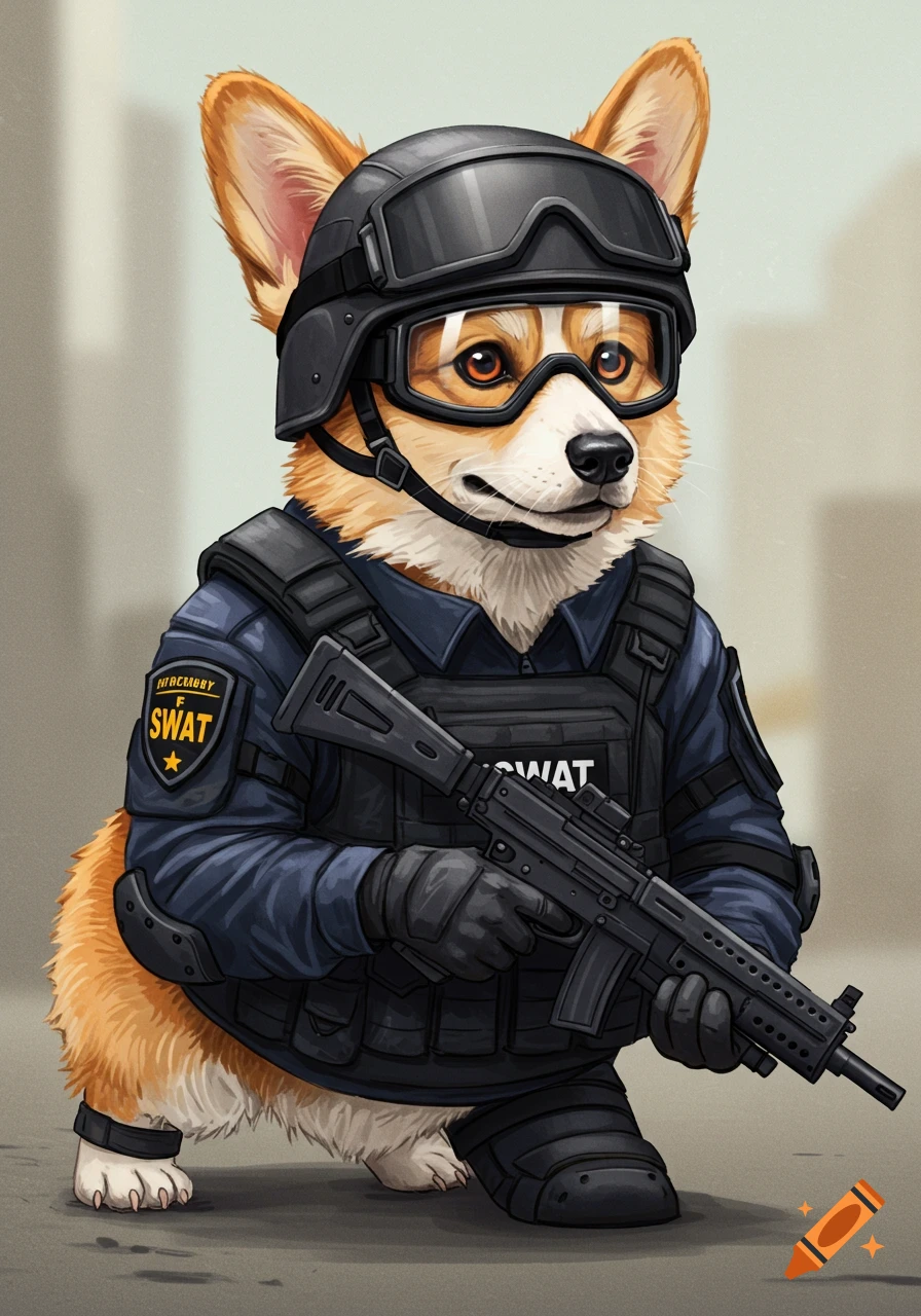 A corgi dog wearing a full SWAT uniform and helmet, holding a tactical ...