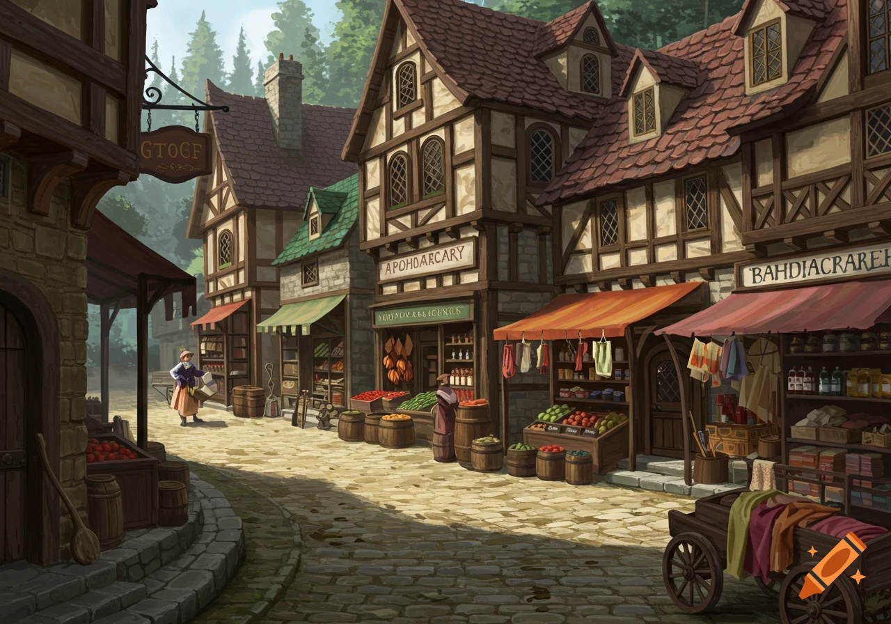 Illustration of a medieval street scene with timber-framed shops and a ...