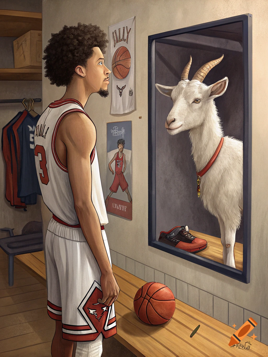 A basketball player looks into a mirror reflecting a goat in a locker ...