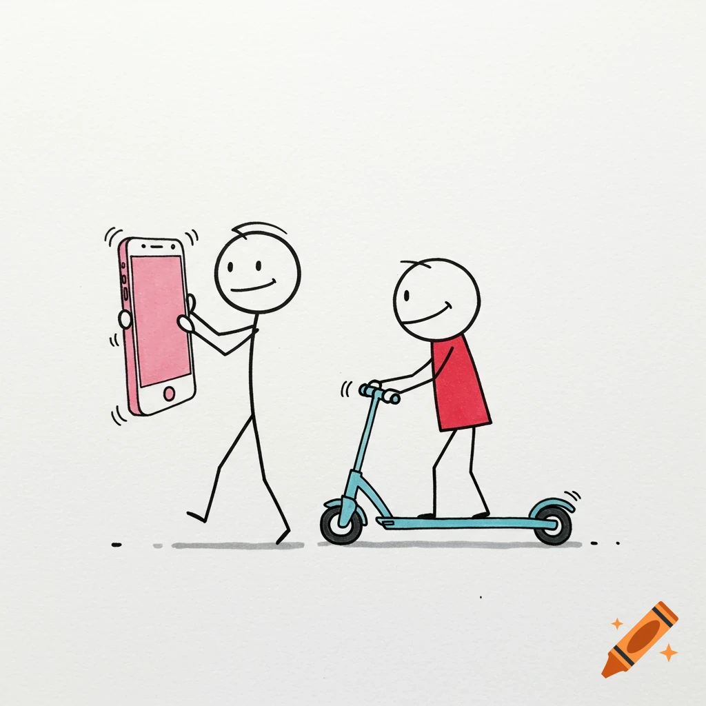 Stick figure holding a large pink phone walking next to a stick figure ...