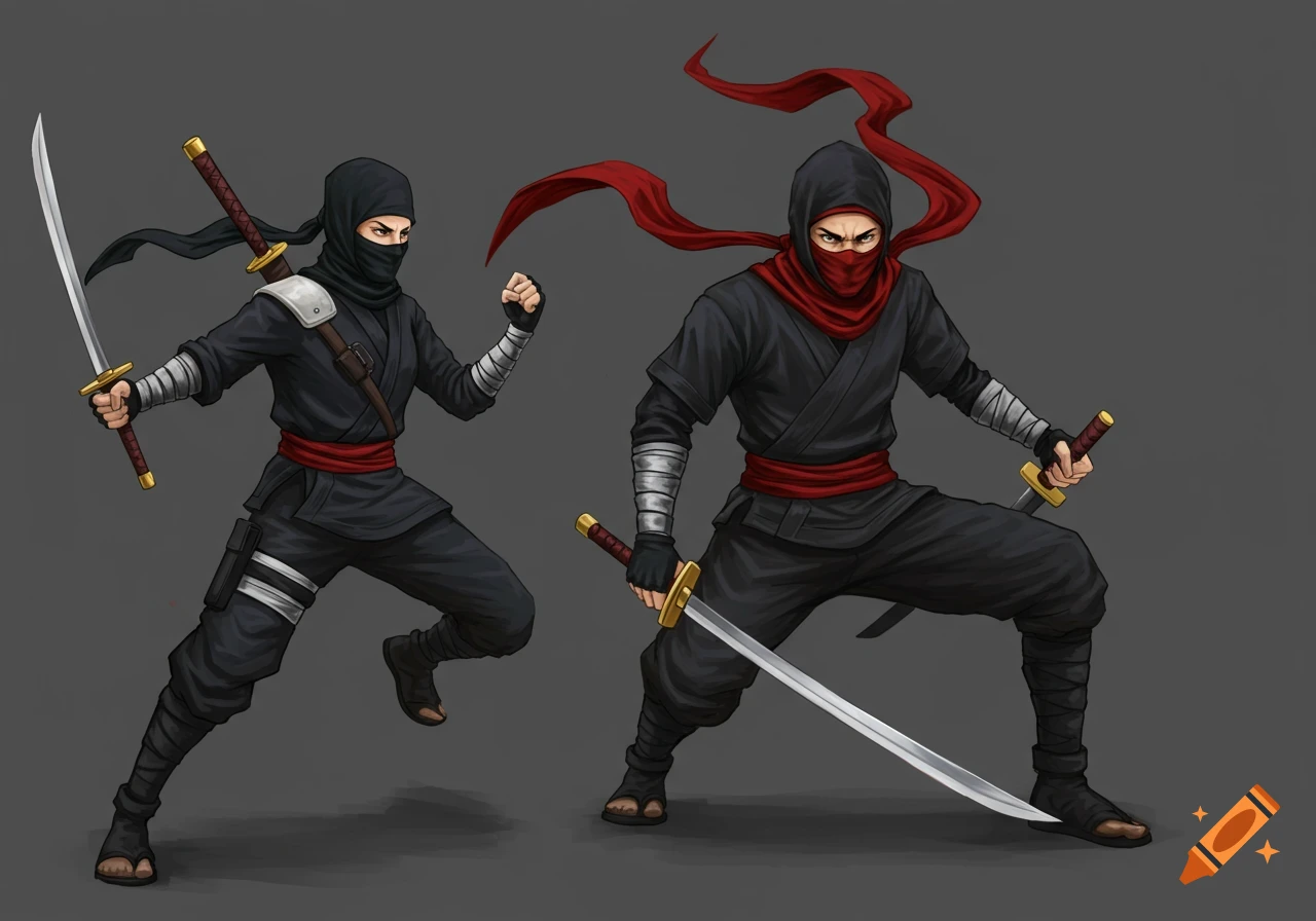 Two ninjas in black suits and red sashes hold swords in action poses ...