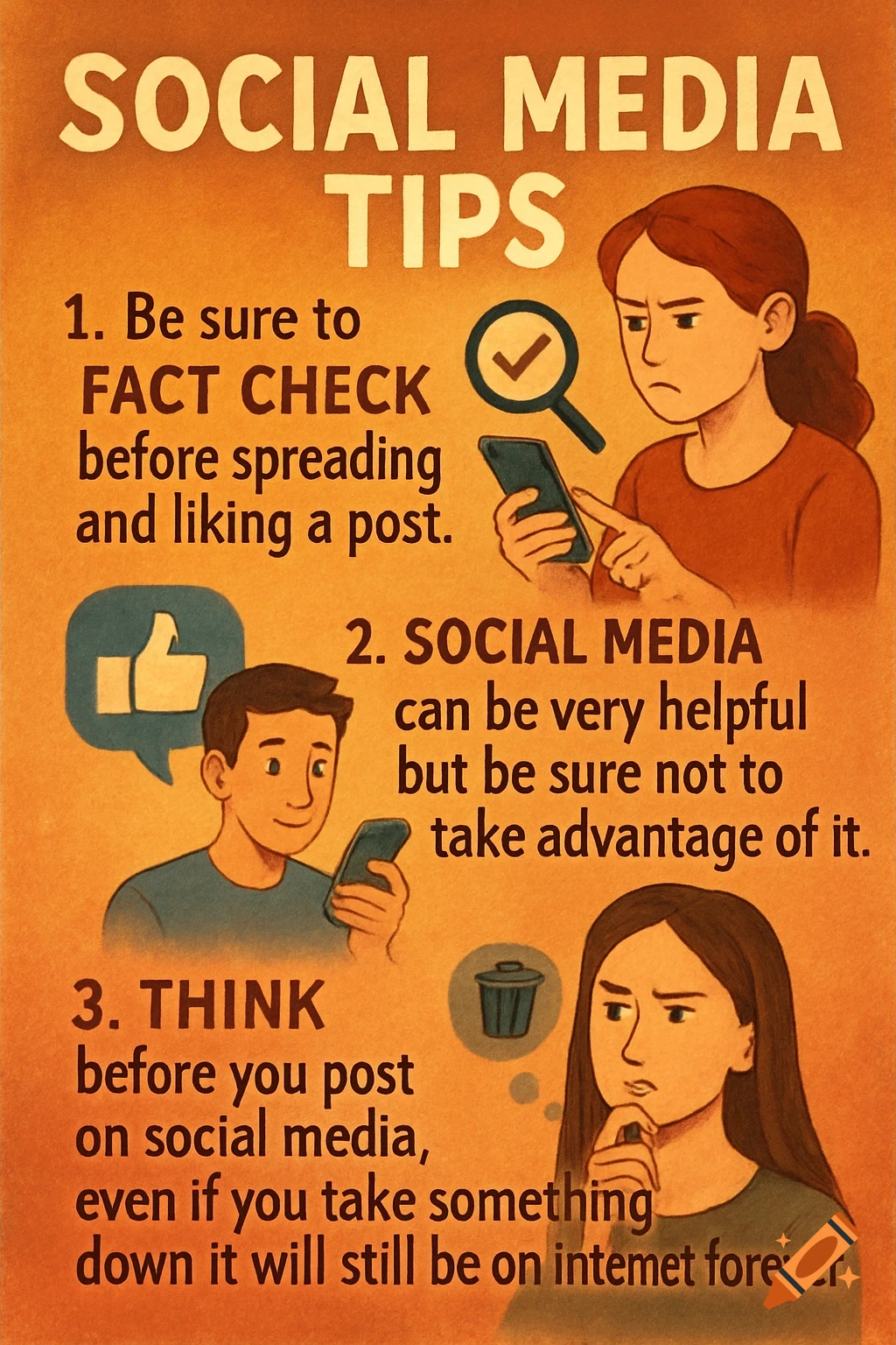 Illustration poster with 3 tips for social media use, featuring cartoon ...