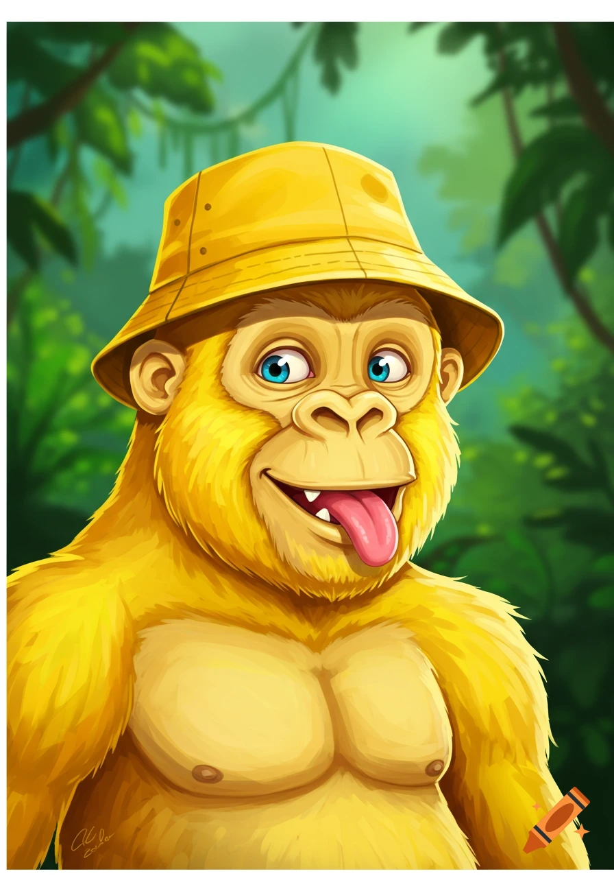 A cartoon yellow gorilla wearing a bucket hat sticks its tongue out in ...