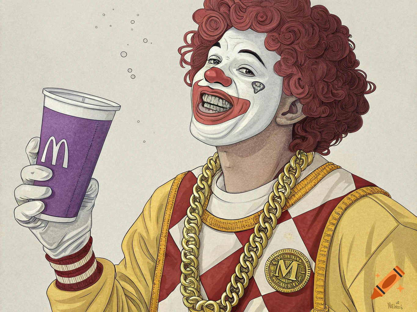Stylized illustration of Ronald McDonald wearing gold chains and ...