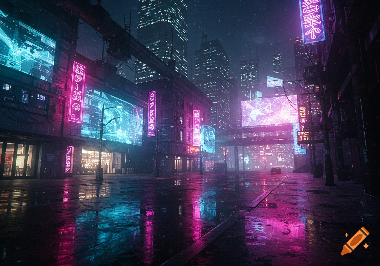 A nighttime view of a cyberpunk city street with neon signs reflecting ...