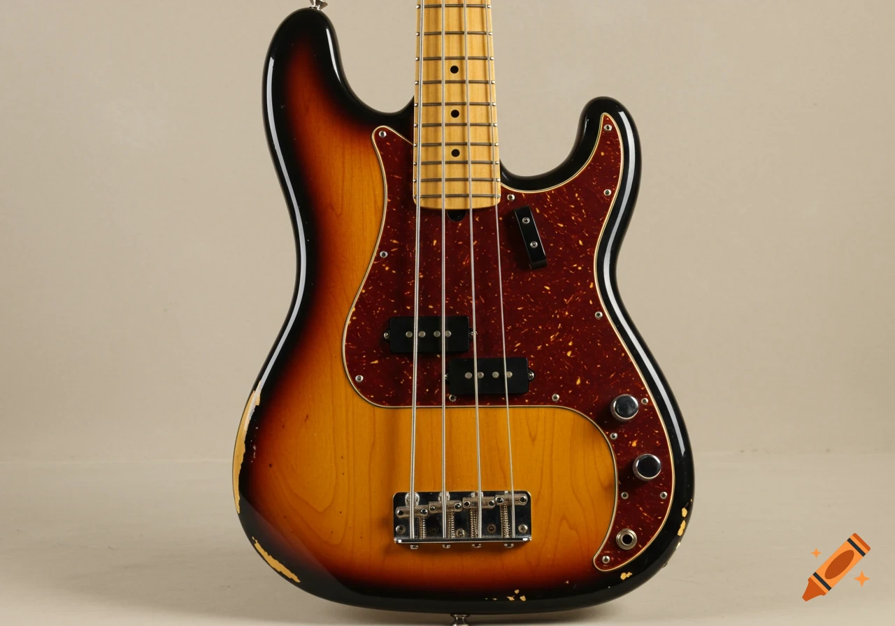 Close-up of a sunburst bass guitar with a tortoise shell pickguard. on ...