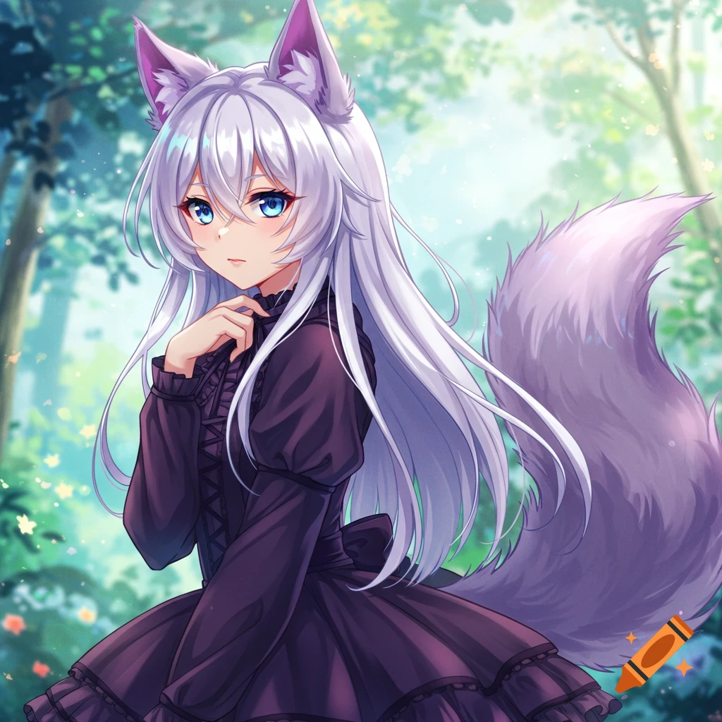 Anime Wolf Girl With White Hair And Purple Ears And Tail Stands In A
