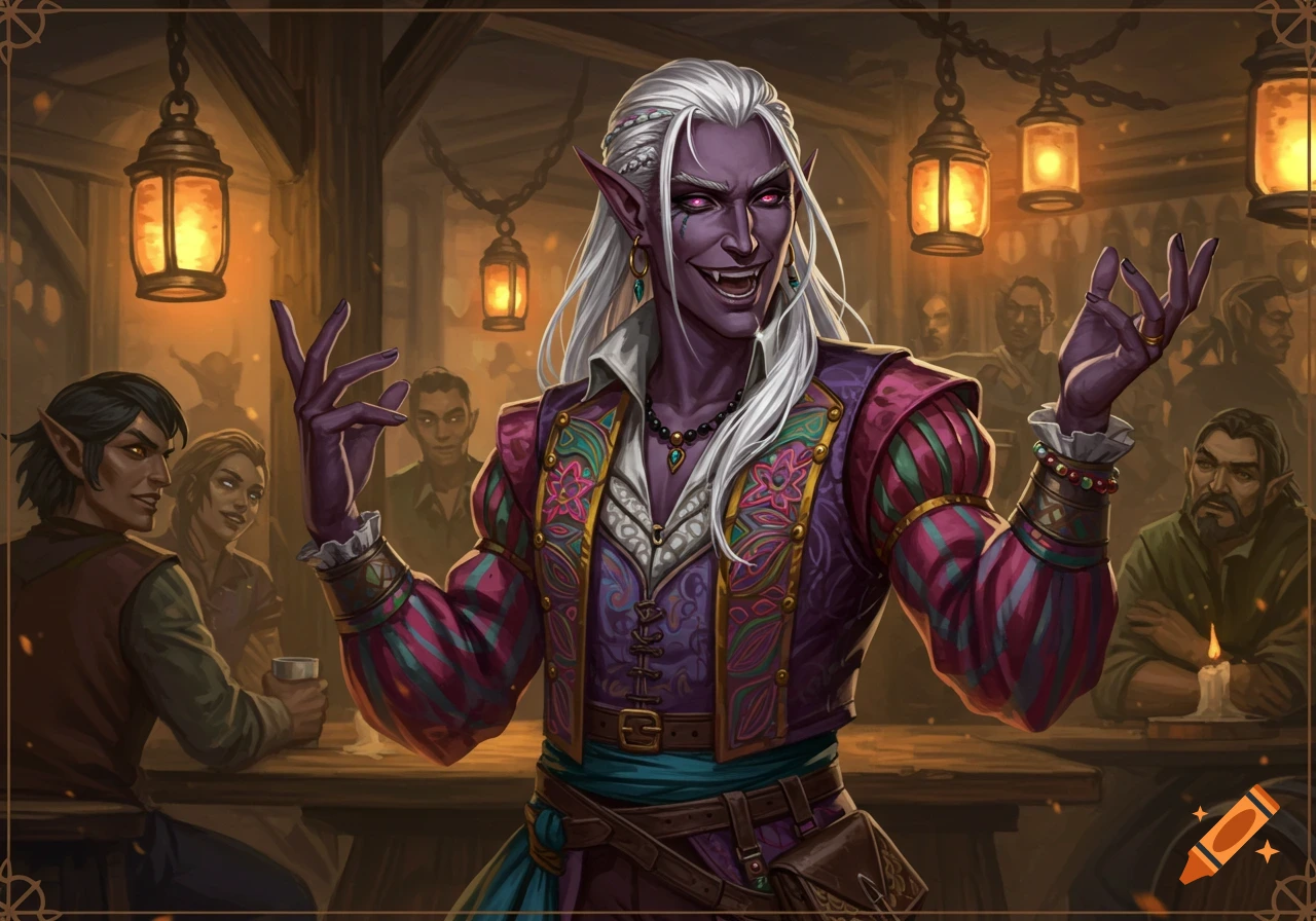 A purple-skinned drow character in colorful clothes gestures ...