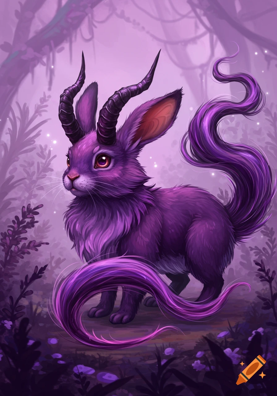 A purple horned bunny-like fantasy creature stands in a purple forest ...