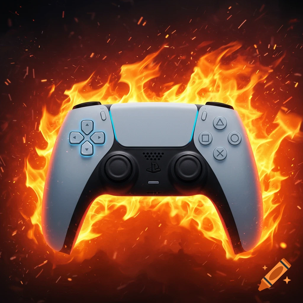 A realistic image of a PS5 controller surrounded by intense flames. on ...