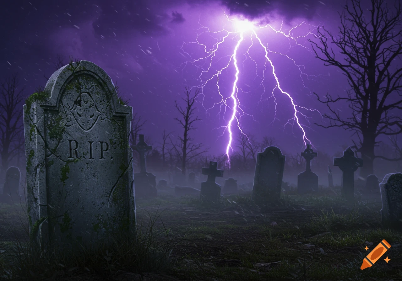 A tombstone in a foggy graveyard under a dark purple sky with lightning ...