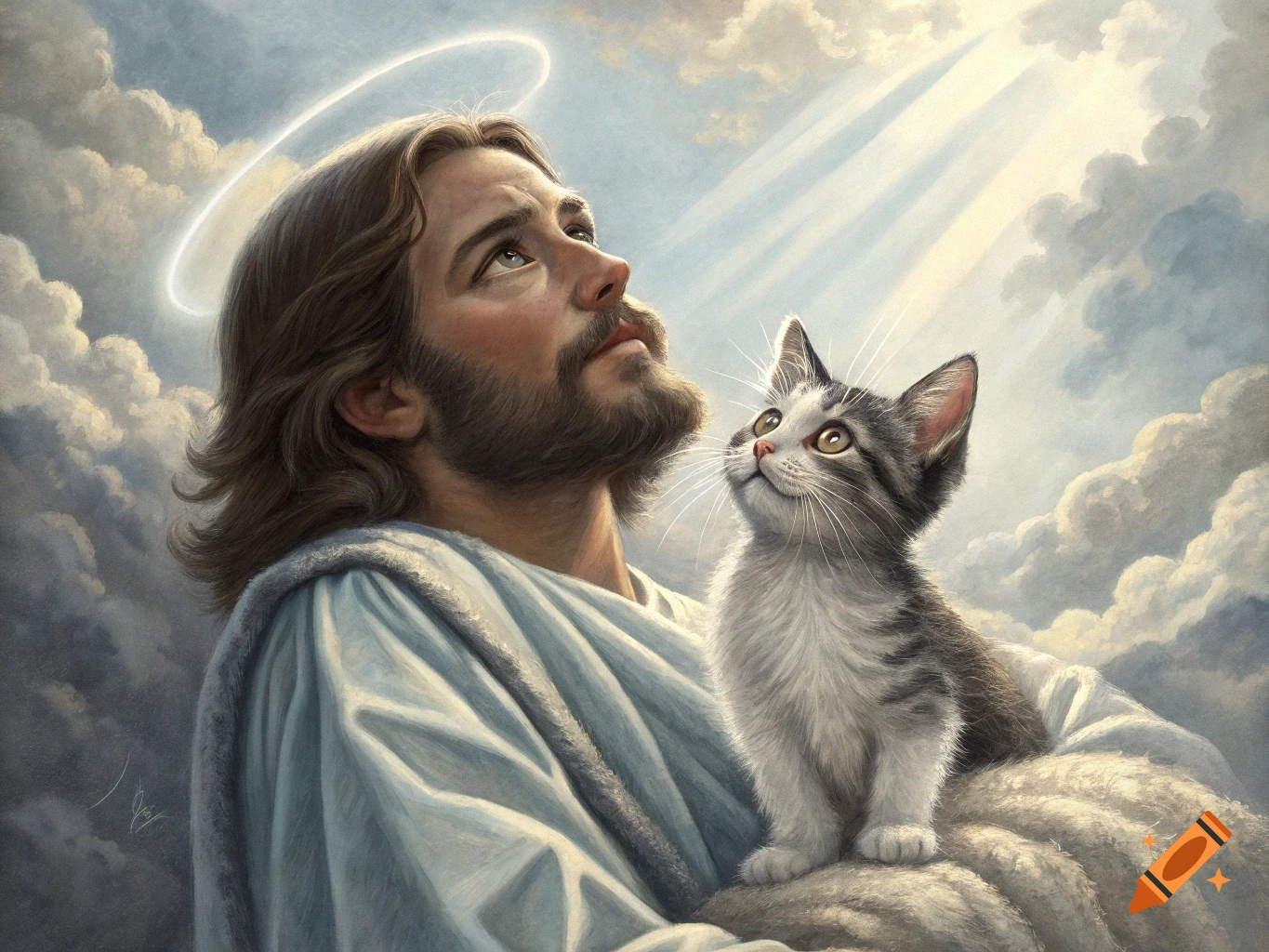 Jesus Christ holds a fluffy cat as they look up at a bright sky among ...