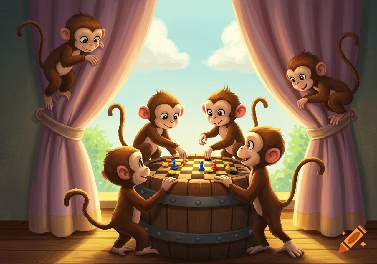 Five cartoon monkeys play checkers on a barrel while two hang on ...