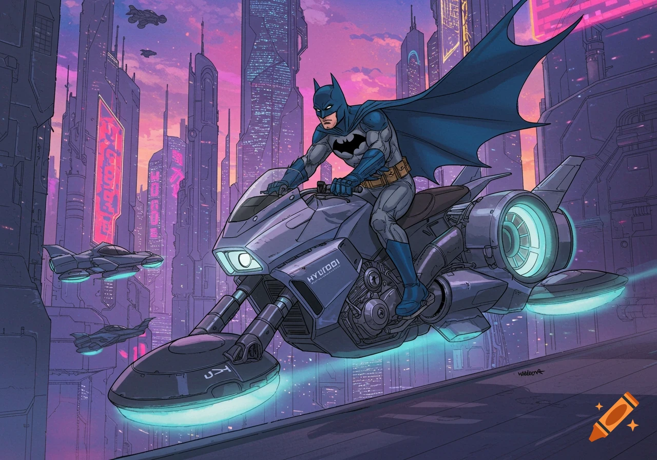 Comic art of Batman riding a futuristic flying motorcycle over a city ...
