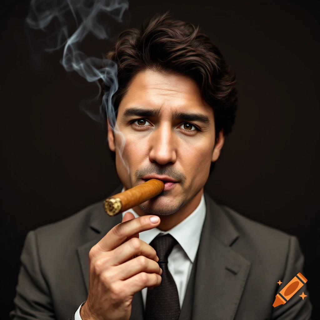 Photorealistic portrait of Justin Trudeau smoking a cigar. on Craiyon