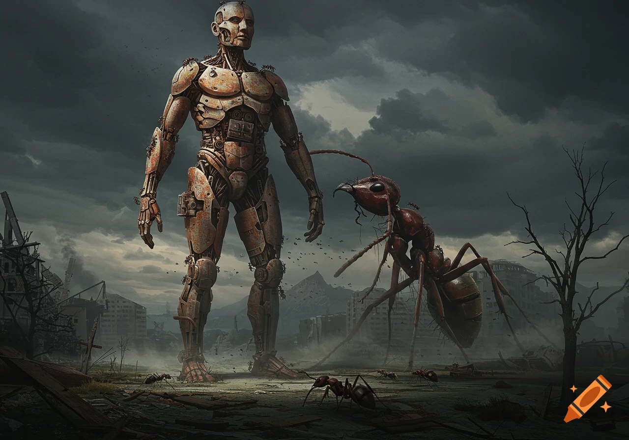 Giant rusty robot stands next to a giant ant in a ruined city landscape under a cloudy sky. on ...