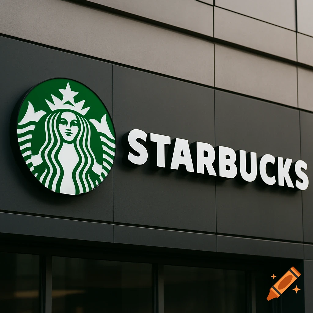 A close-up photorealistic shot of a Starbucks logo and sign on a ...