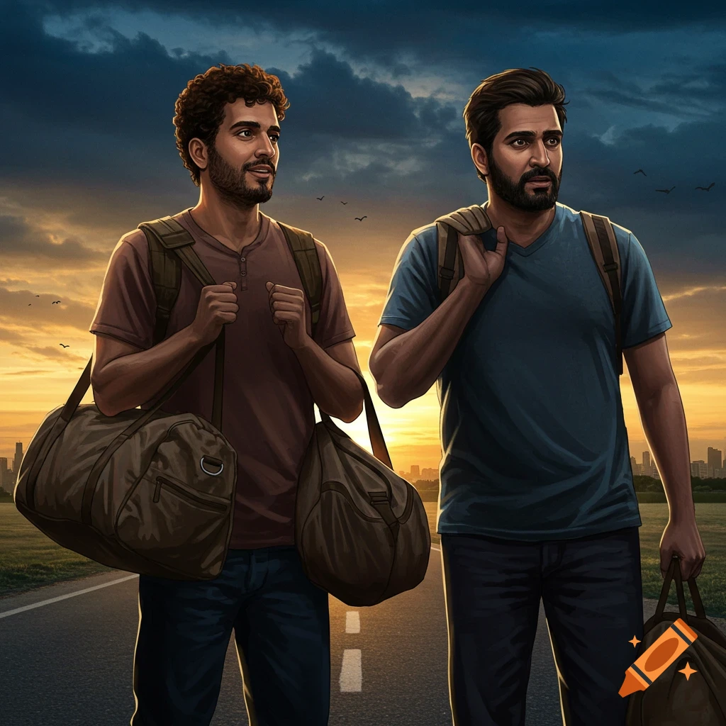 Two men with backpacks walk on a road at sunset with a city skyline in ...