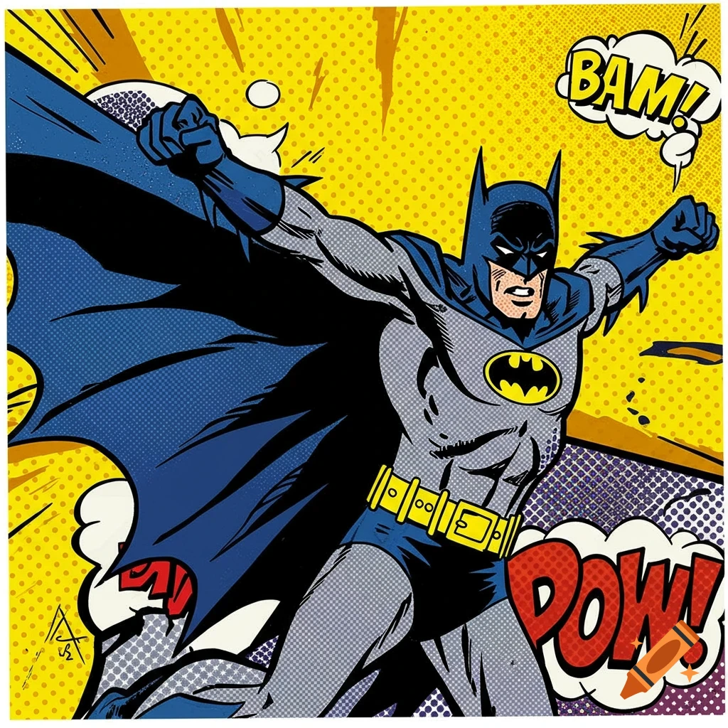 Batman in Pop Art style, mid-action pose with 'BAM!' and 'POW!' sound ...