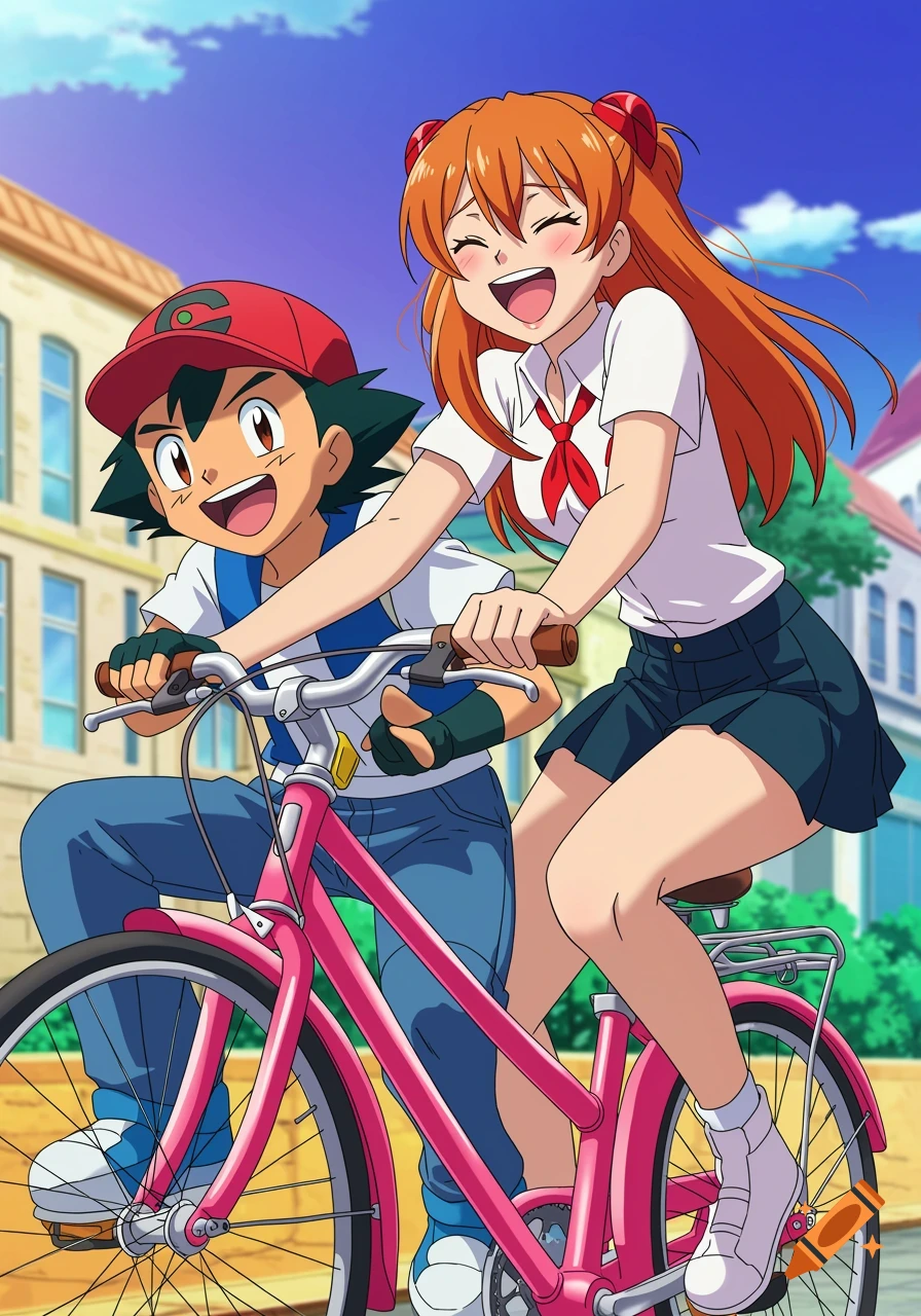 Anime characters Ash Ketchum and Asuka Langley Soryu ride a pink ...