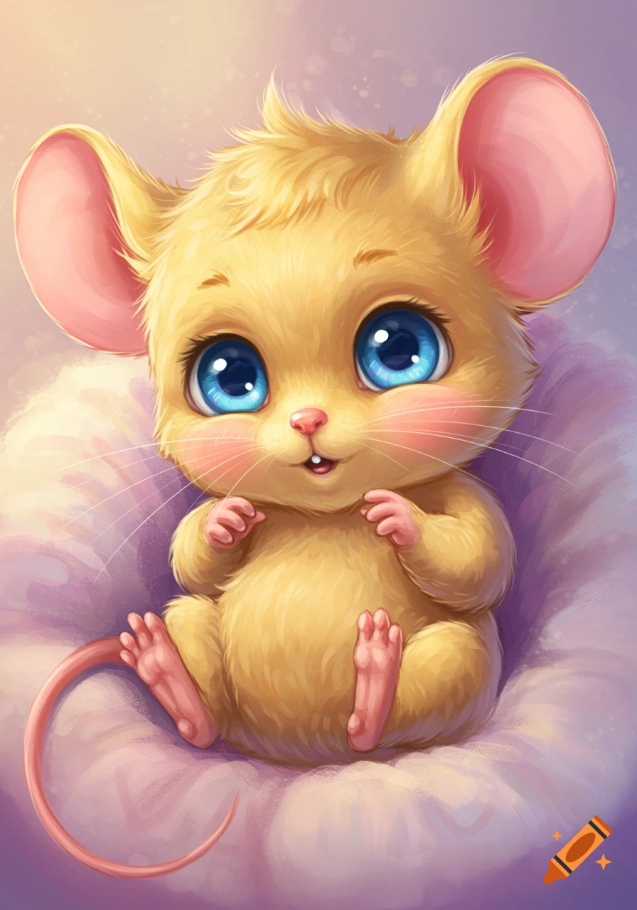 A cute cartoon baby mouse with big blue eyes and golden fur sits on a ...
