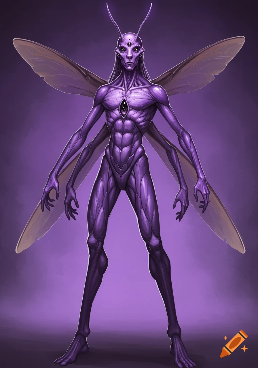 A full-body illustration of a purple alien creature with four arms, insect wings, antennae, and ...