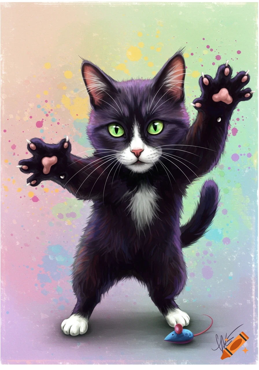 Digital painting of a black and white cat reaching up with paws ...