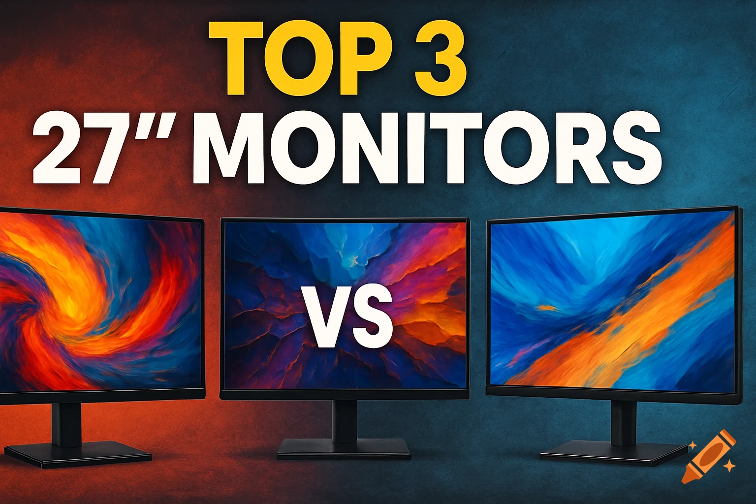 Three computer monitors display abstract art, with text overlaying 'TOP ...