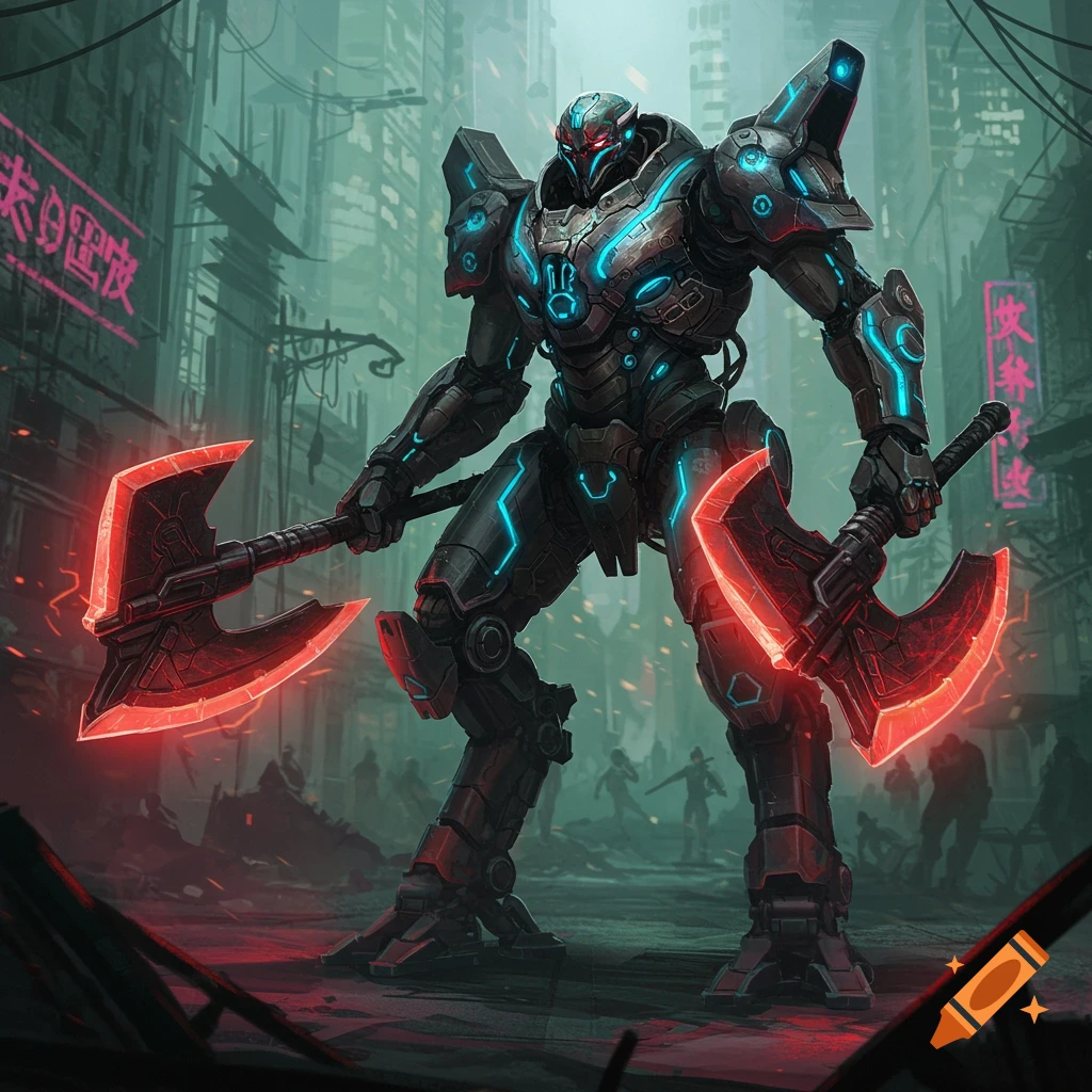 Large mech holding two glowing red axes in a cyberpunk city. on Craiyon