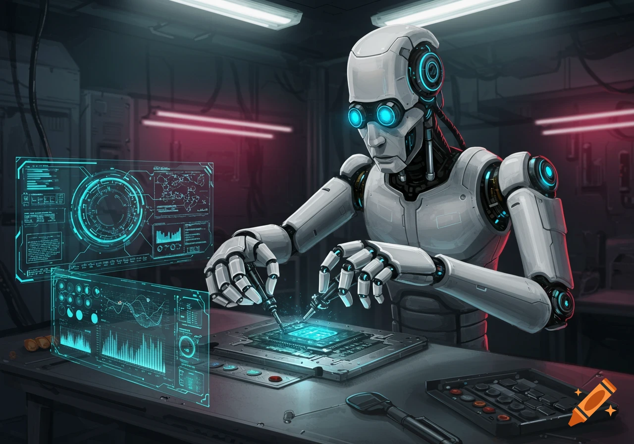 Robot working on a computer chip in a futuristic lab with screens. on Craiyon