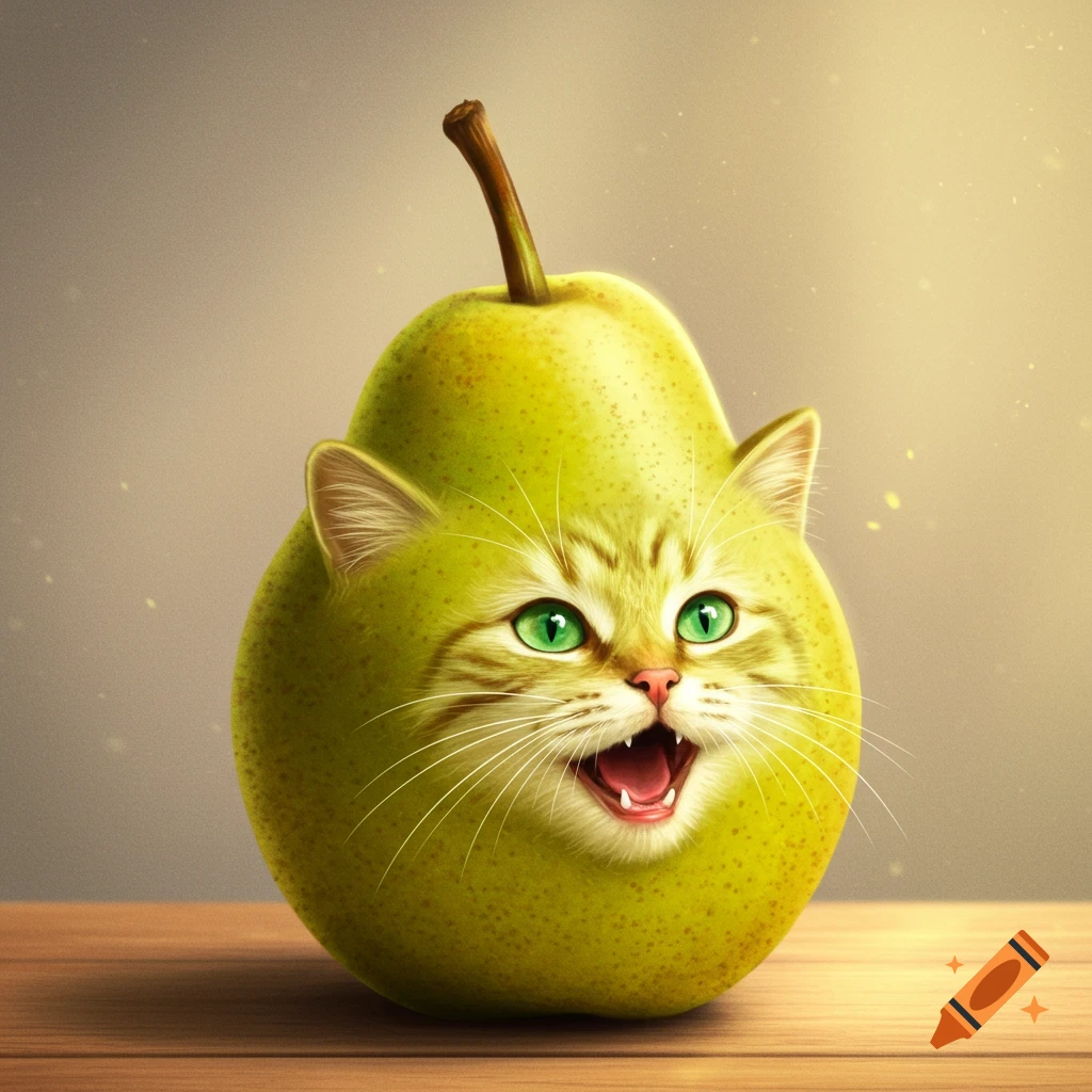 A realistic image of a pear with a cat face singing. on Craiyon