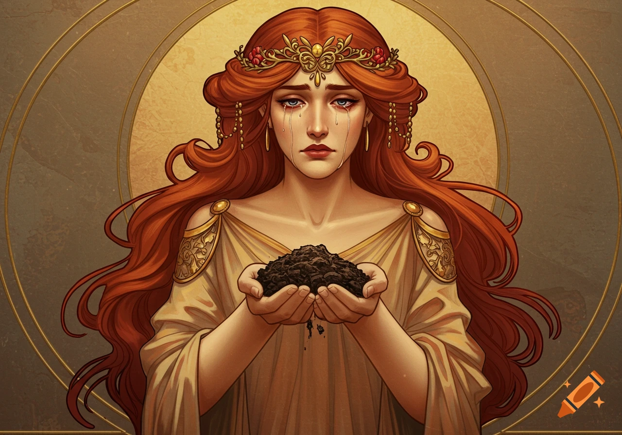 Portrait of a red-haired goddess holding soil and crying. on Craiyon