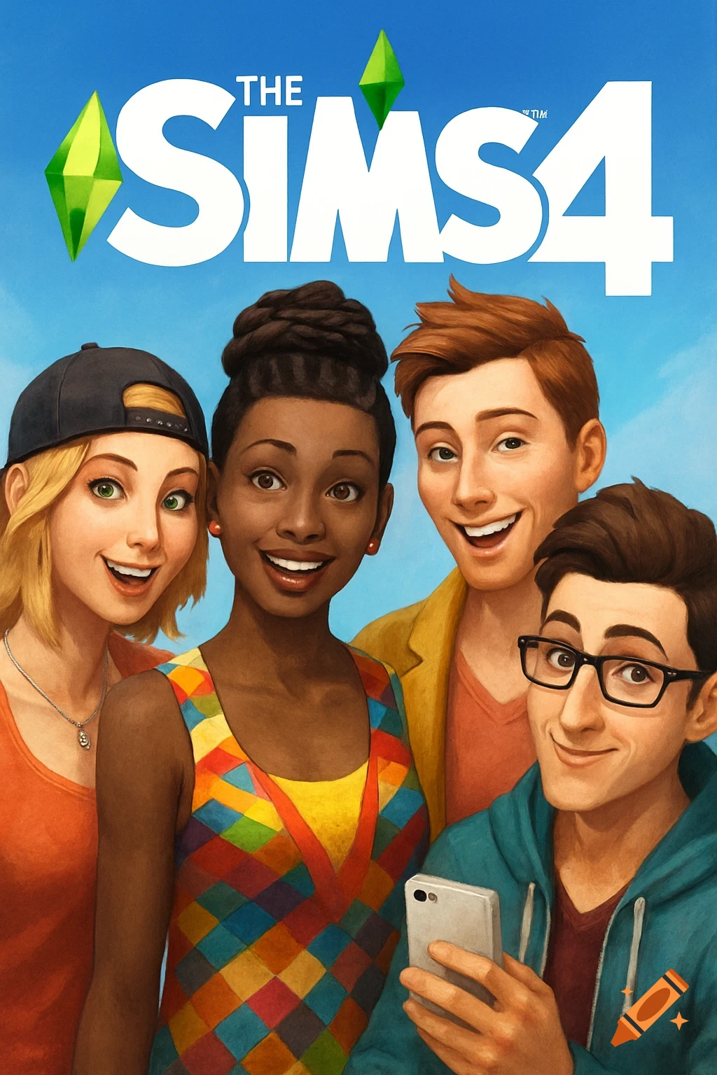 The Sims 4 game cover art with four smiling young people and the game ...