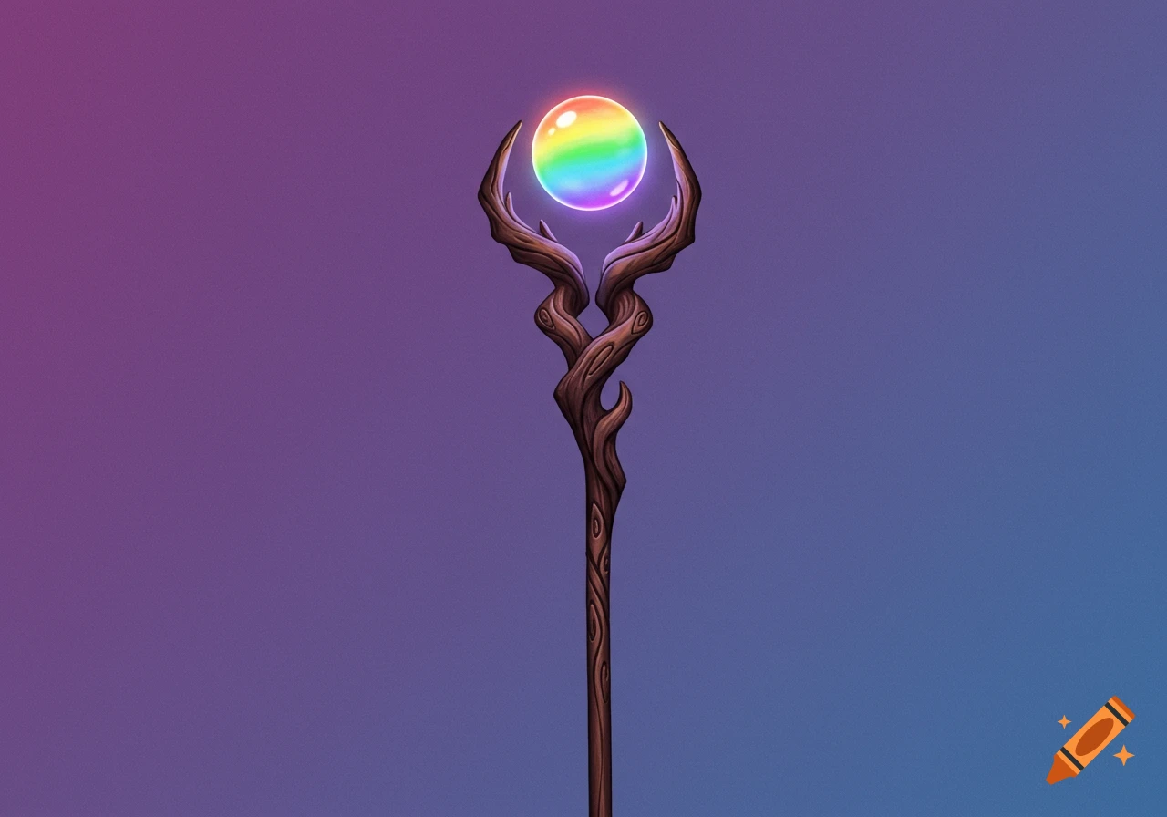 A magic staff with a glowing rainbow orb on top. on Craiyon