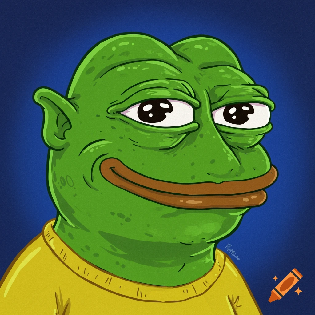 Cartoon illustration of a green Pepe the Frog character wearing a ...